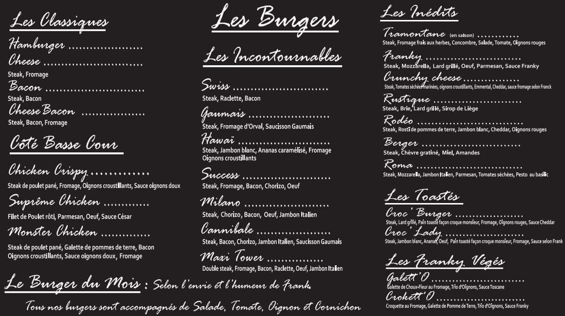 Menu au FRANK BURGERS COCKTAILS & BEERS, Étalle