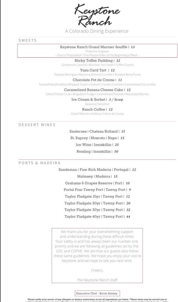 Menu at Keystone Ranch restaurant, Keystone, Co Rd 150