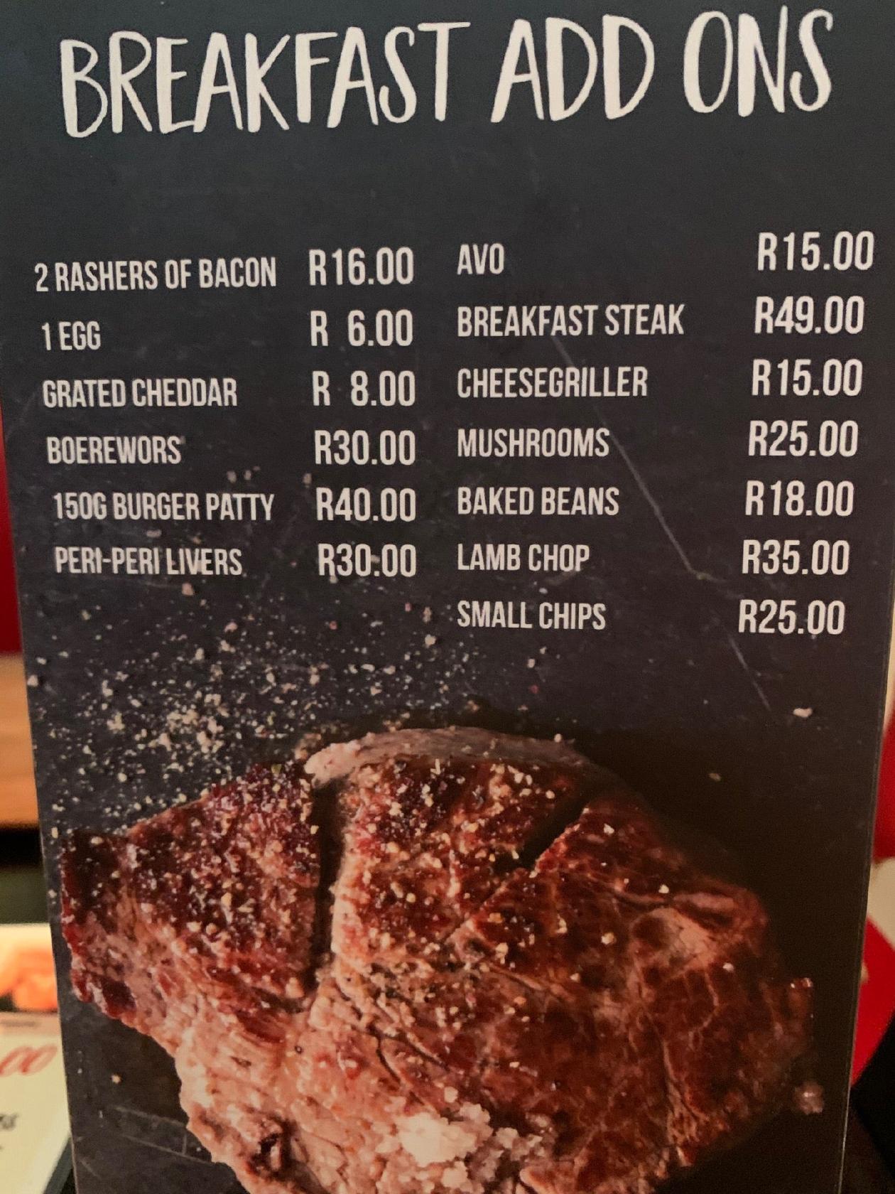 Menu at Mike's Kitchen restaurant, Cape Town, Centre Court