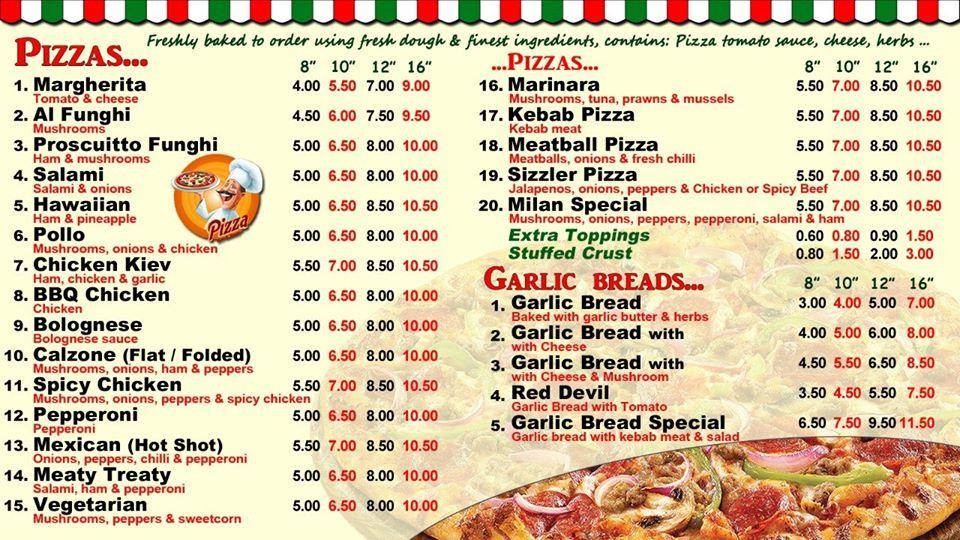 Menu at Milan Takeaway pizzeria, South Shields