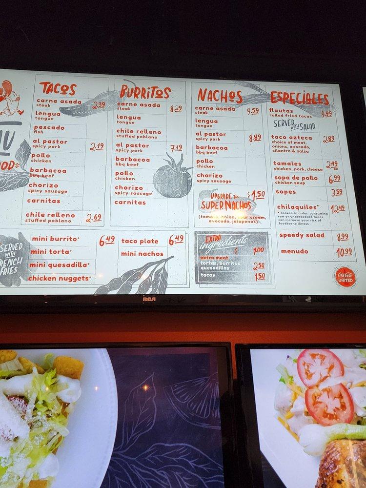 Menu at Speedy Burrito fast food, Winder