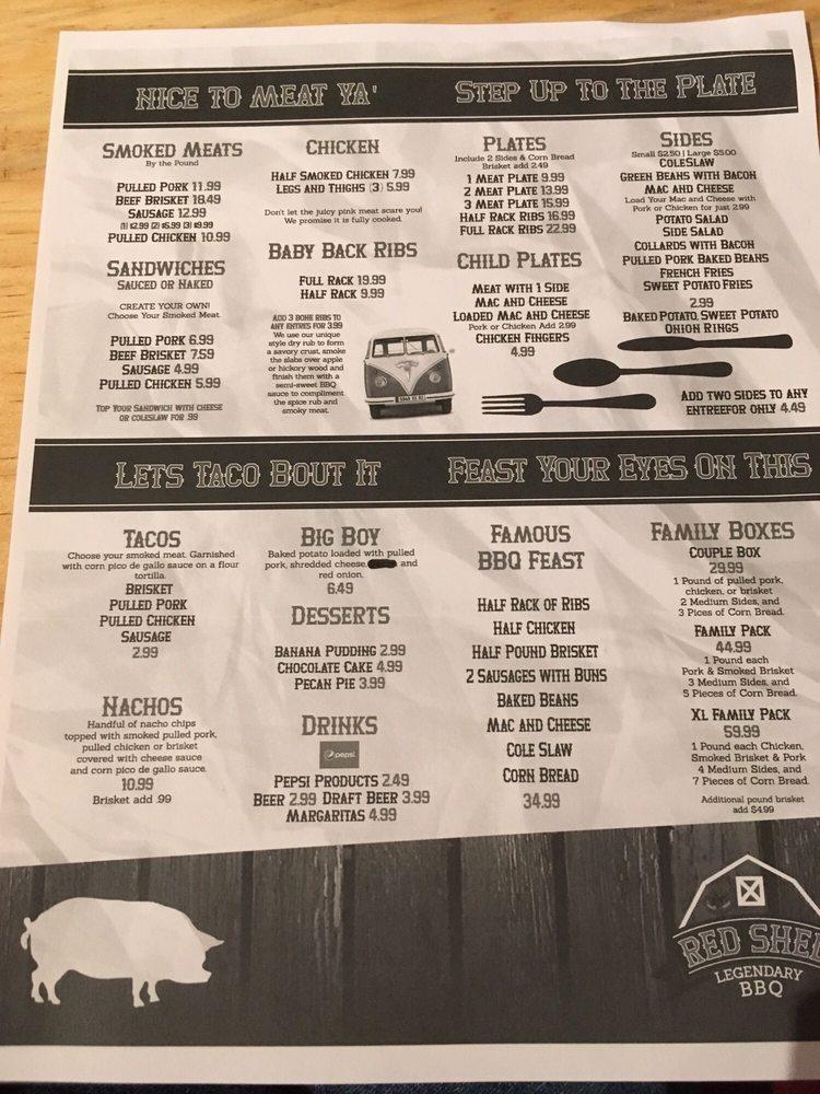 Menu at The red shed bbq, Marysville