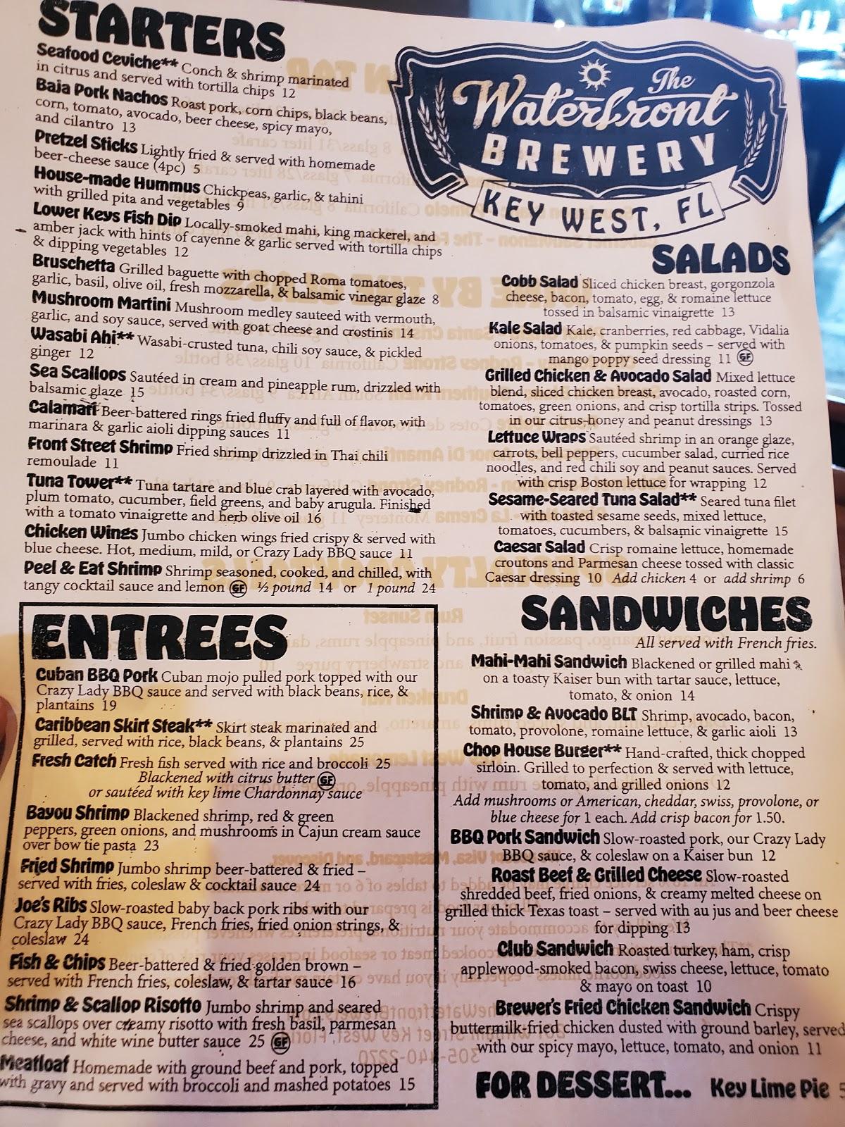 Menu at The Waterfront Brewery pub & bar, Key West