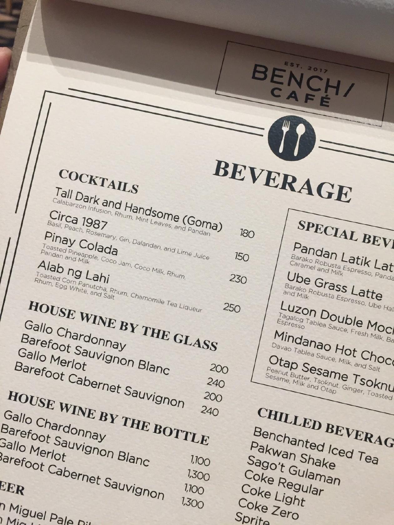 Menu at BENCH Cafe, Taguig