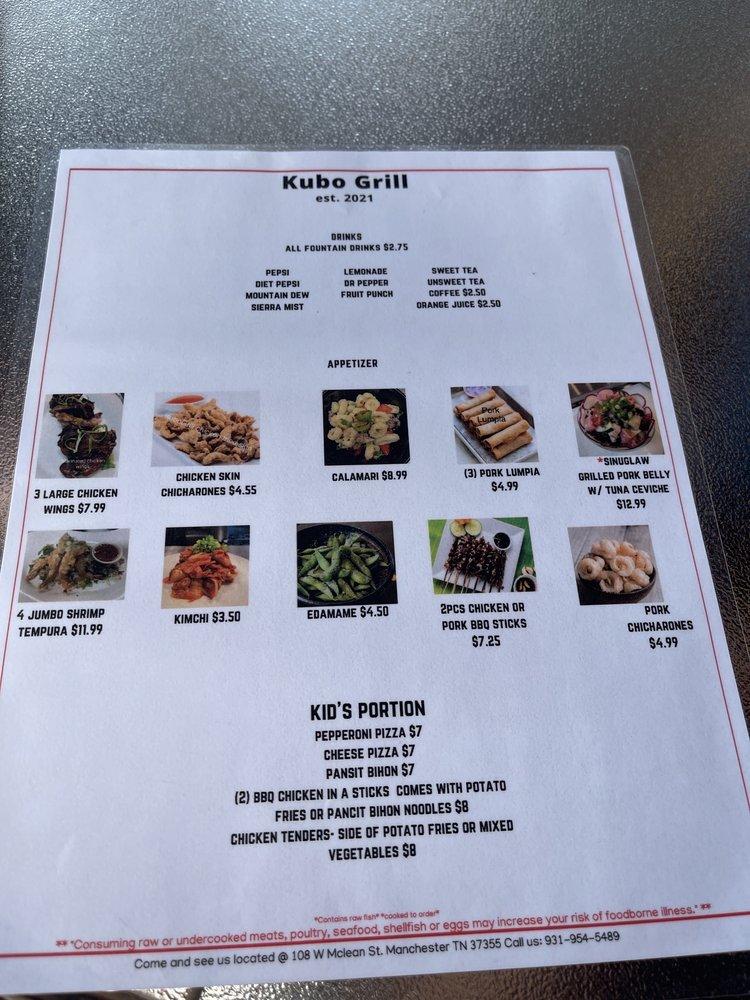 Menu at Kubo Grill steakhouse, Manchester
