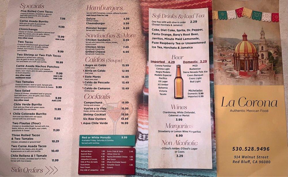 Menu at La Corona restaurant, Red Bluff