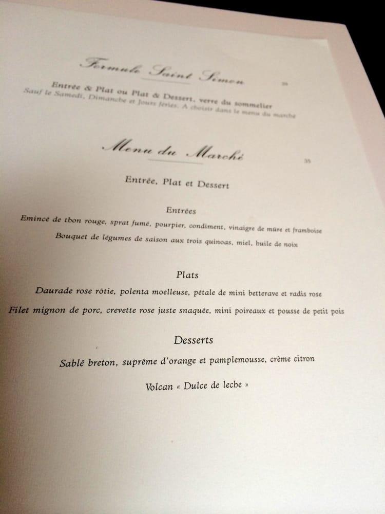 Menu at La Ferme Saint-Simon restaurant, Paris