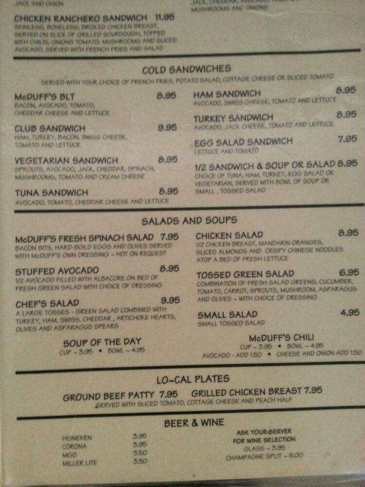 Menu at McDuff's restaurant, Redlands