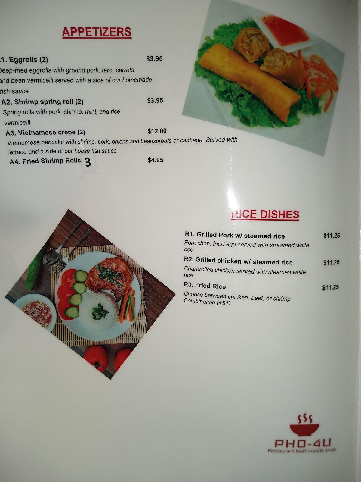 Menu at PHO 4U restaurant, Warrensburg