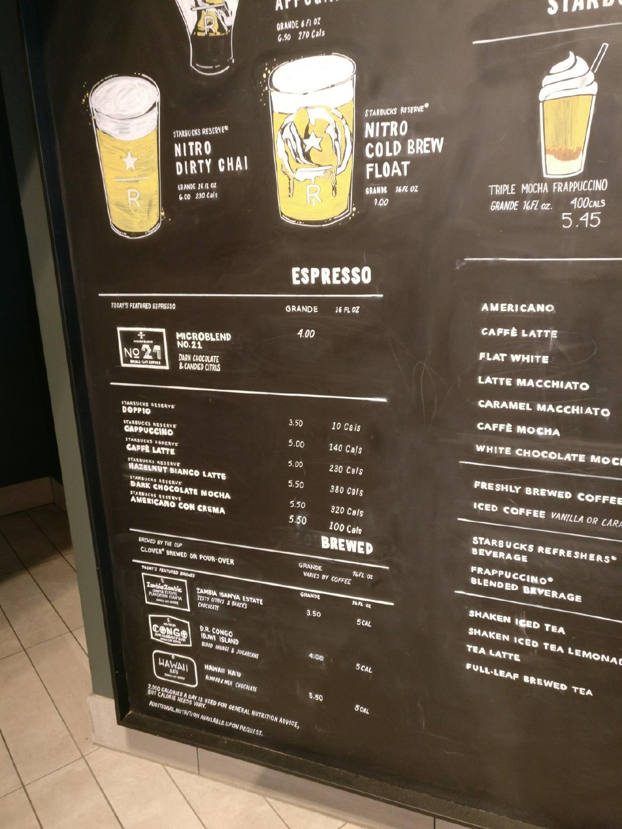 Menu at Starbucks Reserve cafe, Toronto, Don Mills Rd