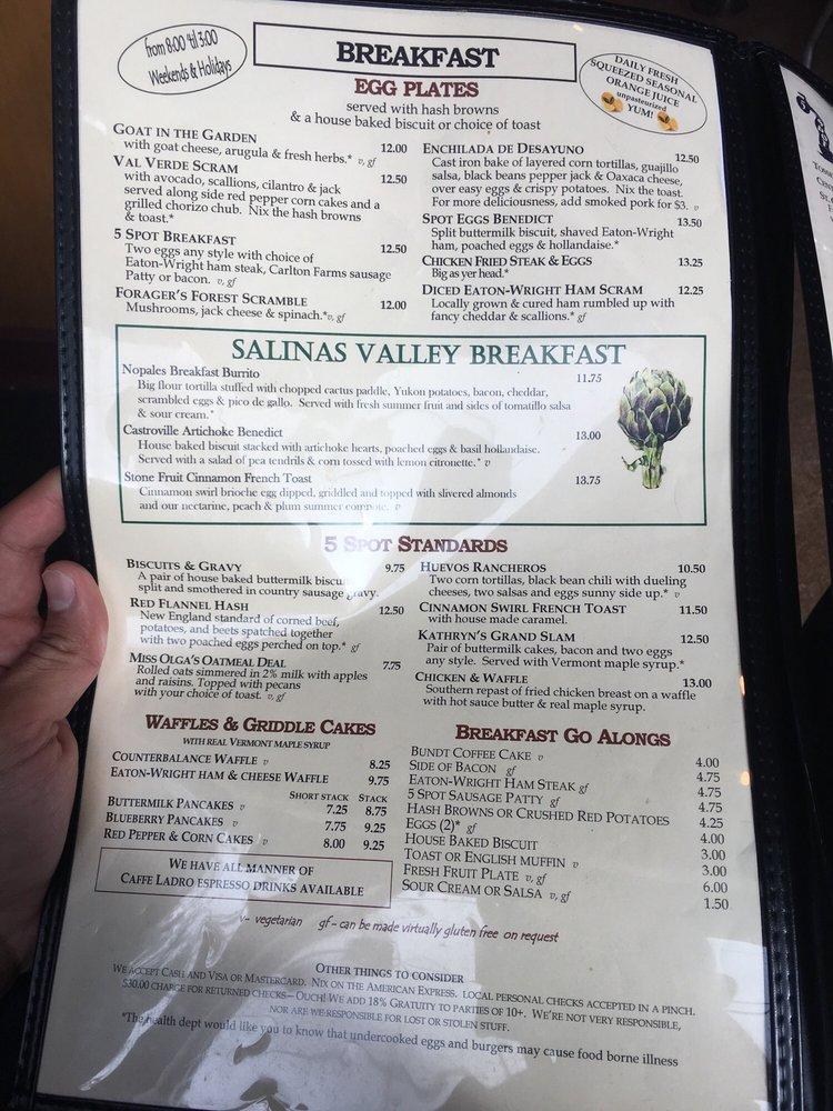 Menu at 5 Spot restaurant, Seattle