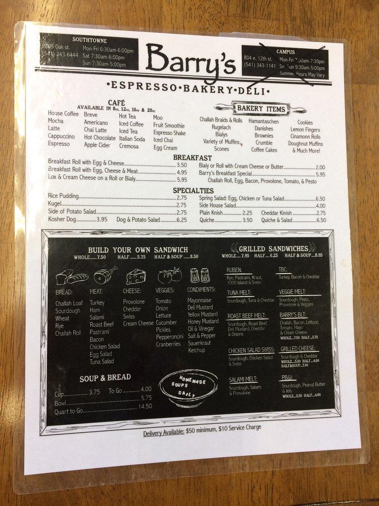 Menu at Barry's Espresso Bakery & Deli, Eugene, Oak St