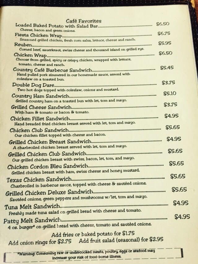 Menu at Country Cafe, Hot Springs, Sam Snead Hwy