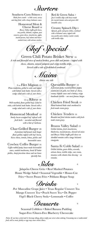 Menu at Cafe Homestead, Waco, 608 Dry Creek Rd
