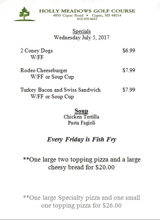 Menu at Holly Meadows Bowling Restaurant and Banquet Center, Capac