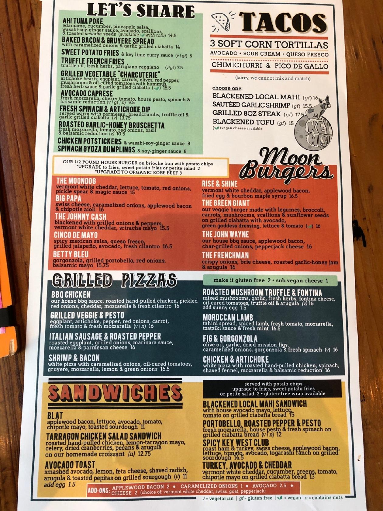 Menu at Moondog Cafe, Key West