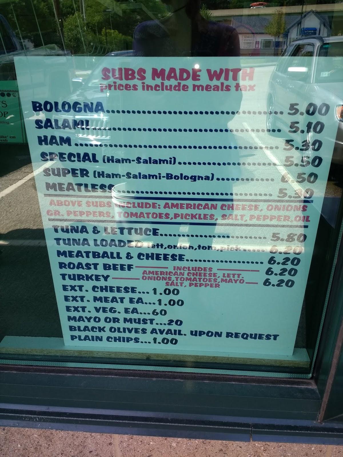 Menu at Roland's Sub Shop restaurant, Dover