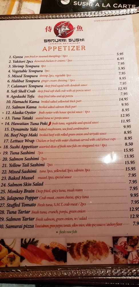 Menu at Samurai Sushi restaurant, Anchorage