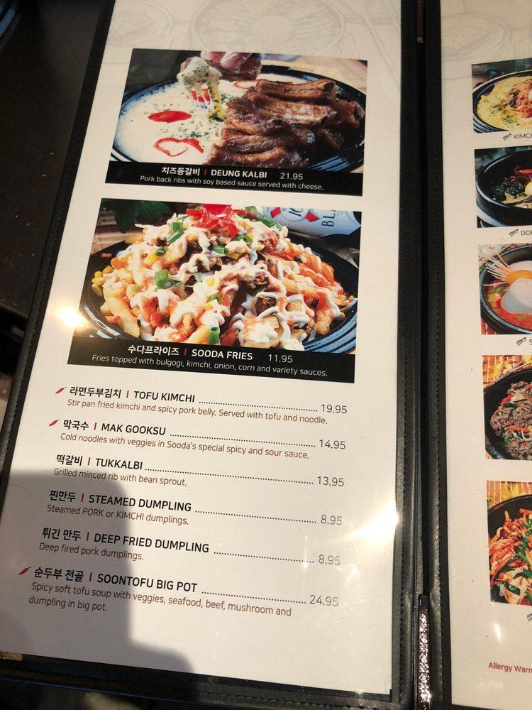 Menu at Sooda Korean BBQ, Burnaby
