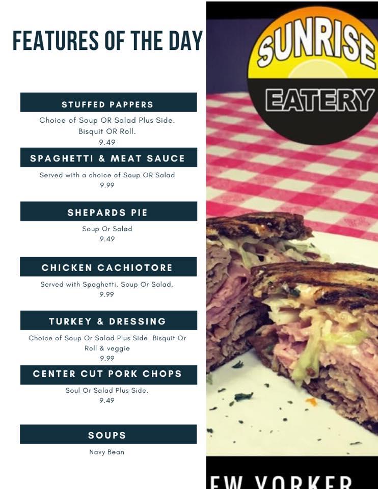 Menu at Sunrise Eatery restaurant, Zephyrhills, Gall Blvd