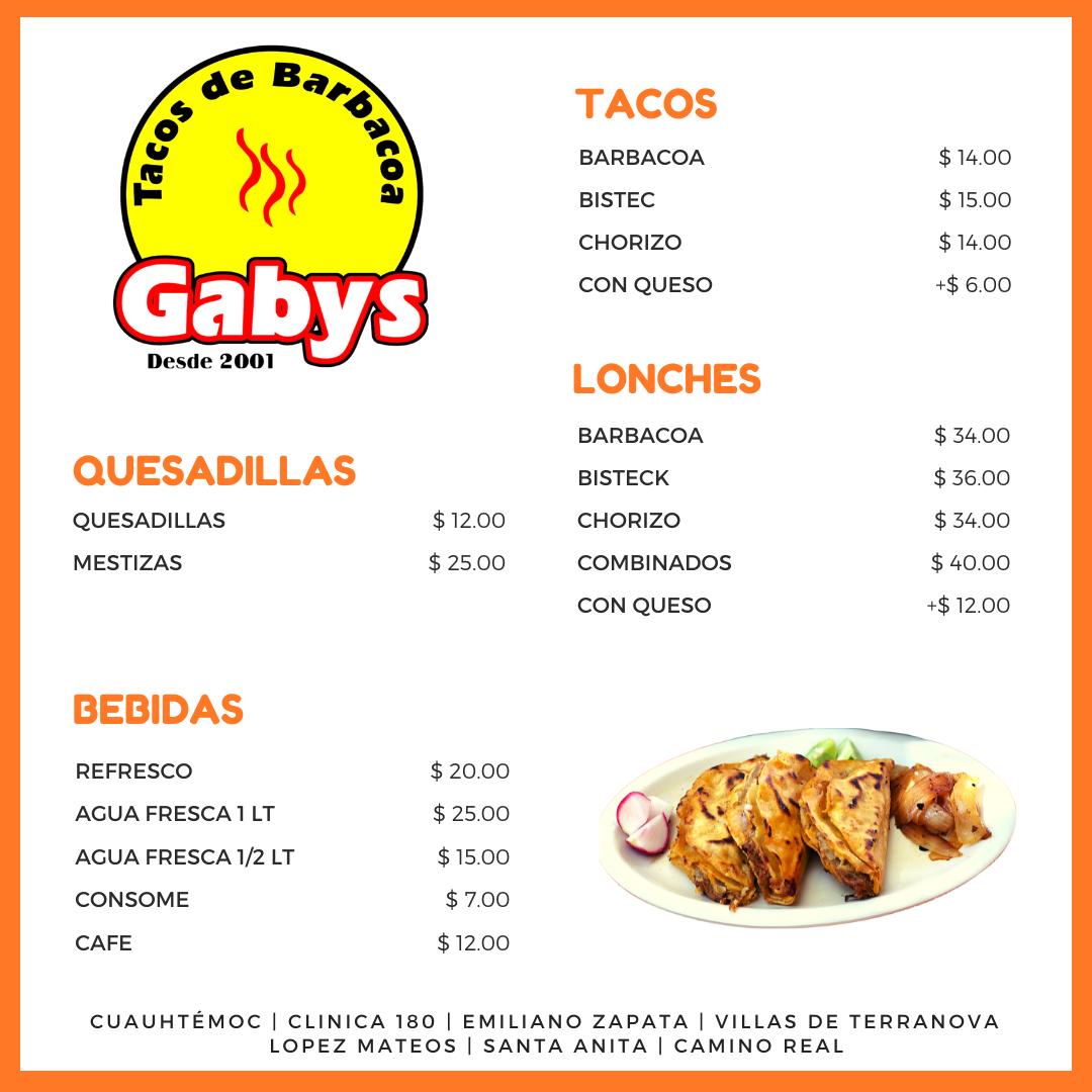 Carta de Tacos de Barbacoa Gabys - Lopez Mateos, San Agustín