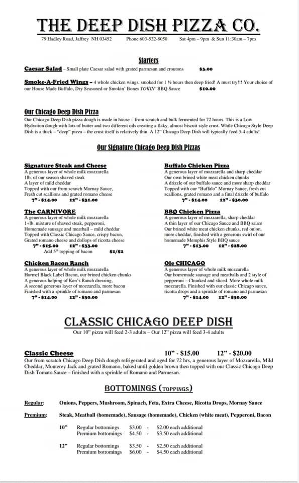 Menu at The Deep Dish Pizza Co. pizzeria, Jaffrey