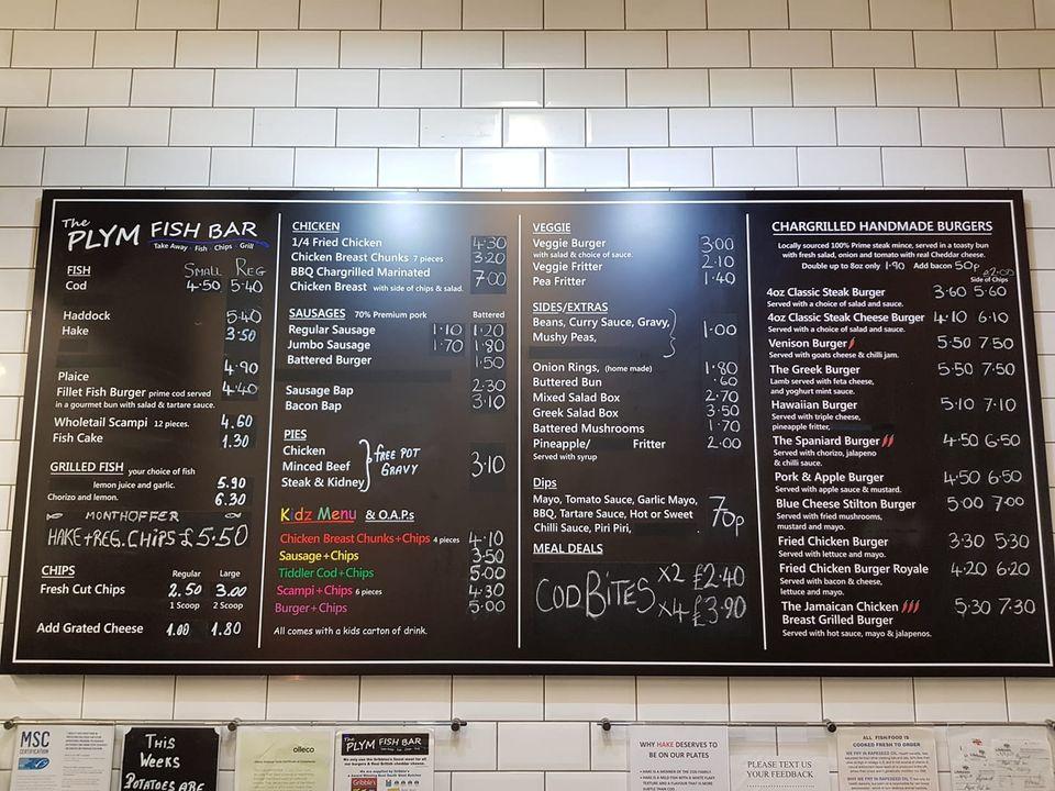 Menu at The Plym Fish Bar, Plymouth