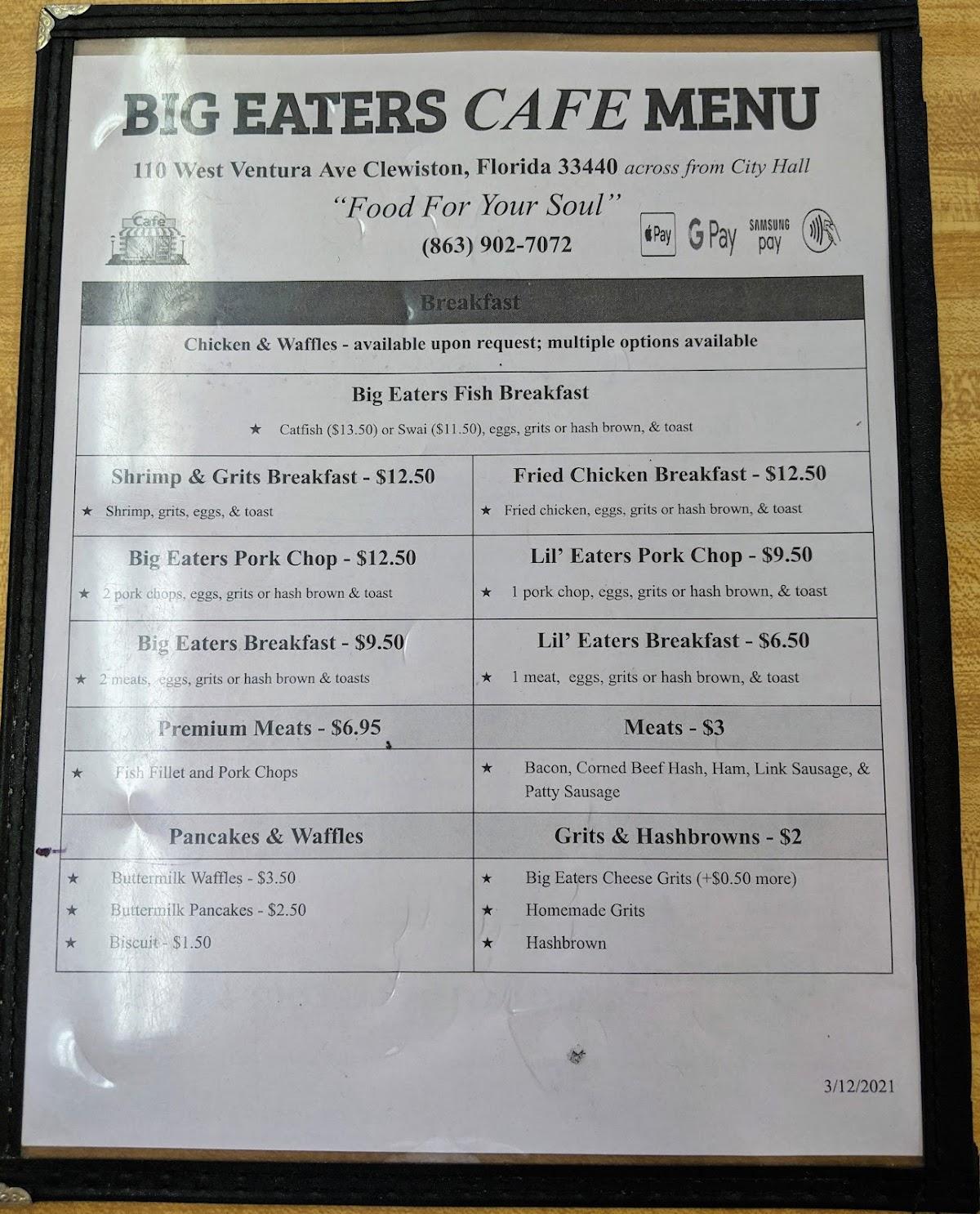 Carta de Big Eaters Cafe, Clewiston