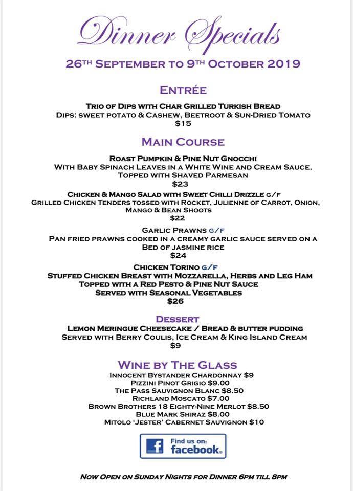 Menu at The Bower Tavern restaurant, Cohuna