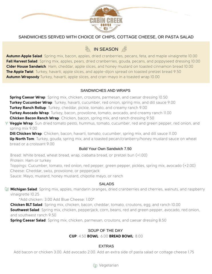 Menu at Cabin Creek Coffee cafe, Alpena, 201 N 2nd Ave