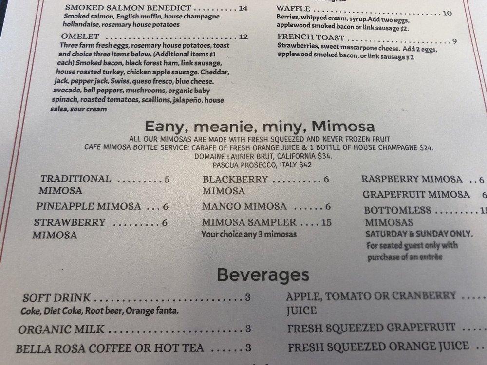 Menu at Cafe Mimosa, Rohnert Park