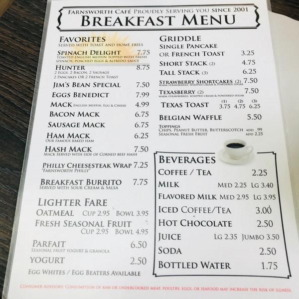 Menu at Farnsworth Cafe, East Providence
