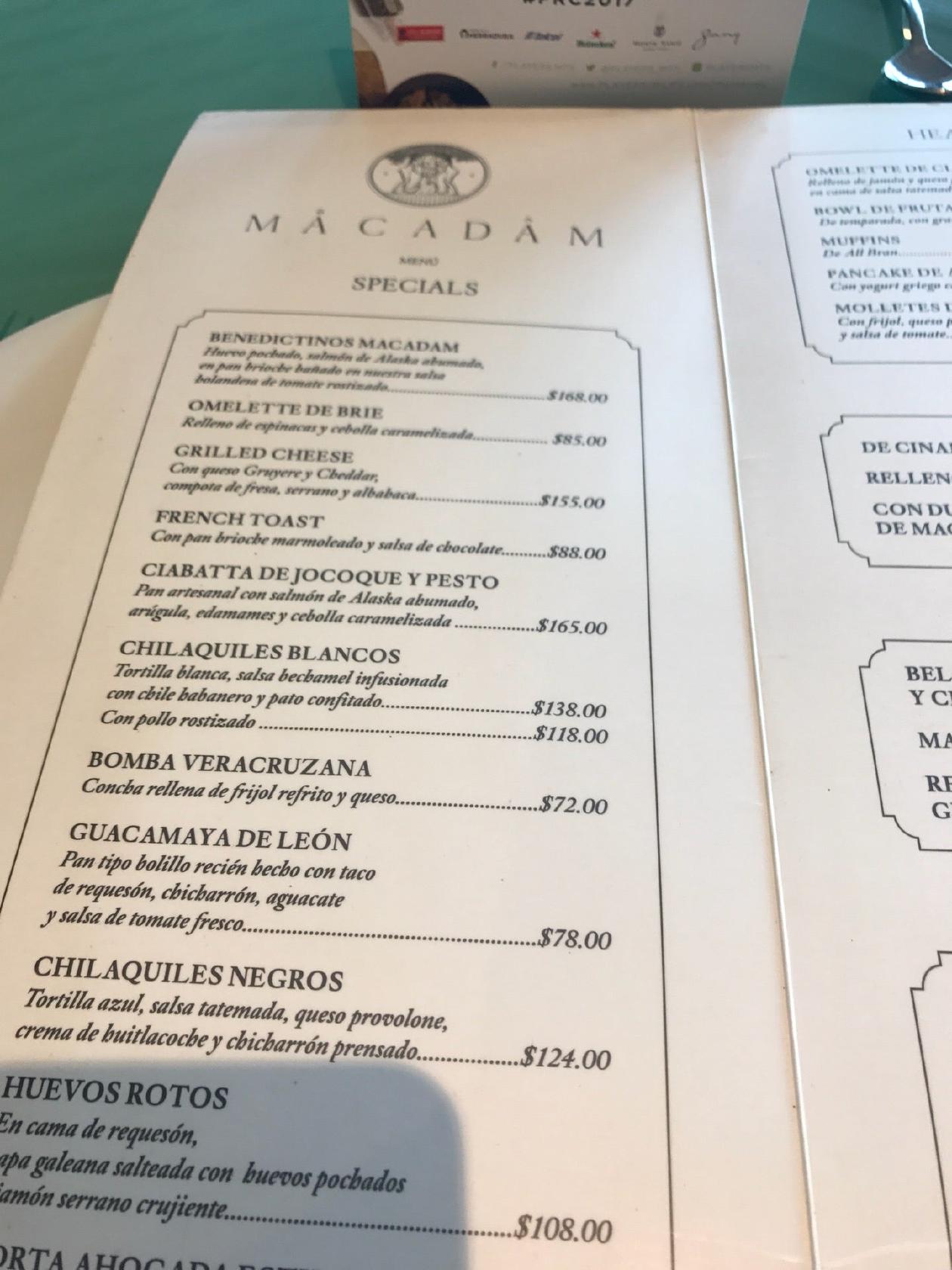 Carta del restaurante Macadam, San Pedro Garza García