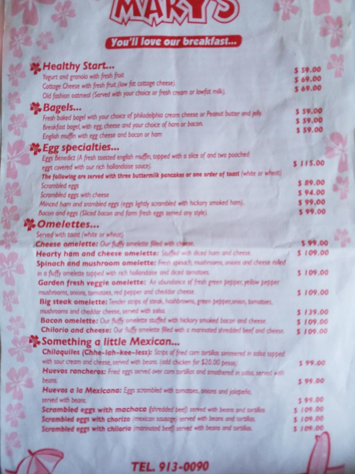 Menu at Mary's Burger Shoppe restaurant, Mazatlán