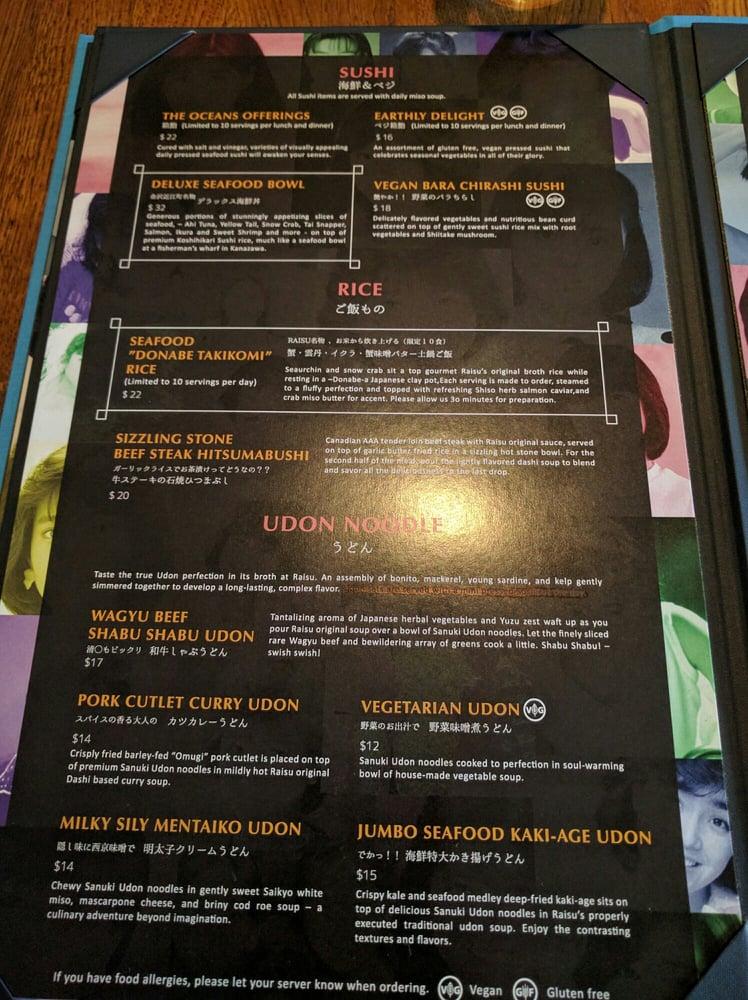 Menu at Raisu restaurant, Vancouver