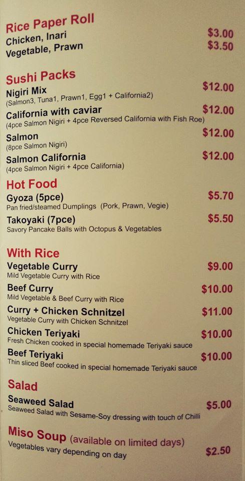 Menu at Youki's Japanese Take Away restaurant, Wonthaggi
