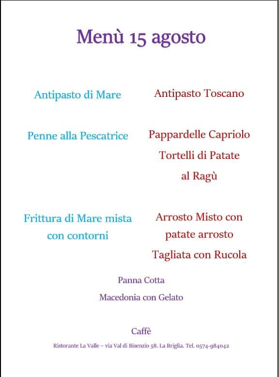 Menu da Bar Ristorante La Valle, Vaiano