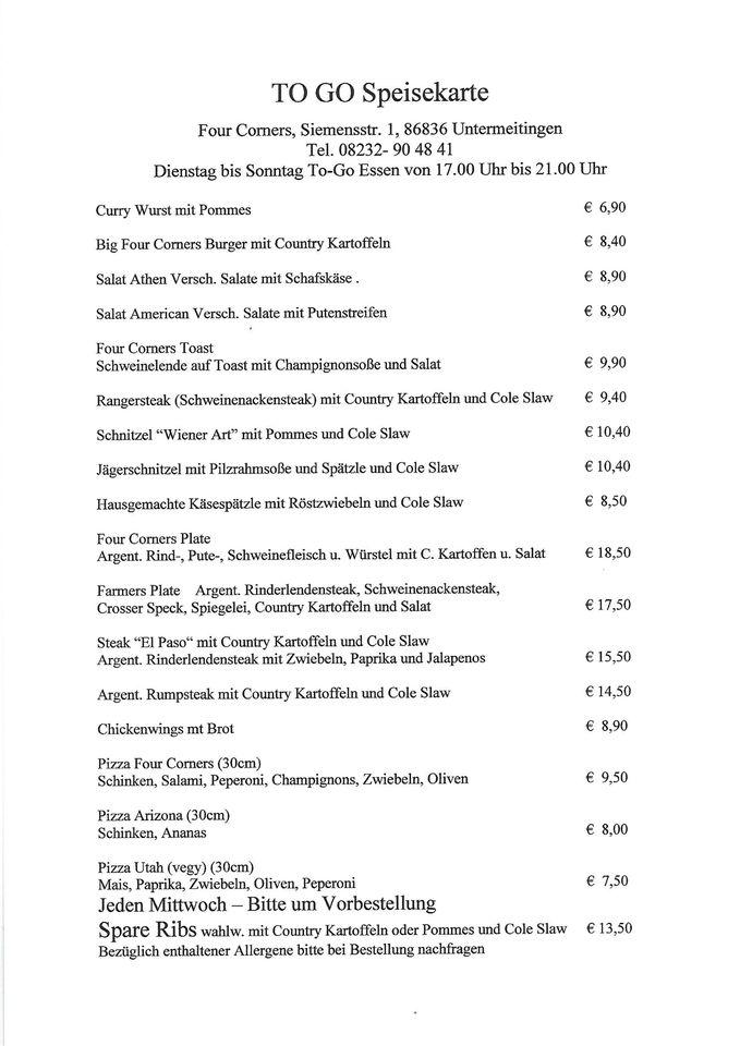 Menu at Four Corners Music Hall & Restaurant, Untermeitingen