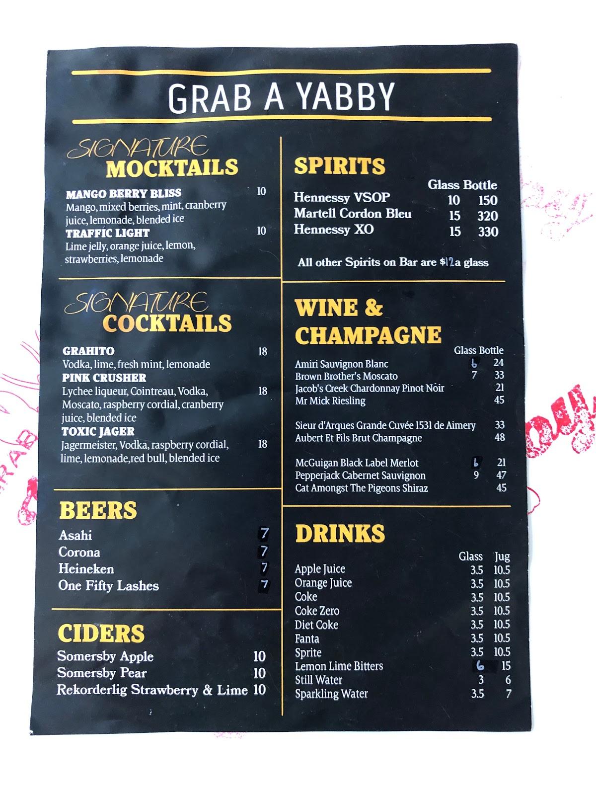 Menu at Grabs Restaurant, Mount Lawley