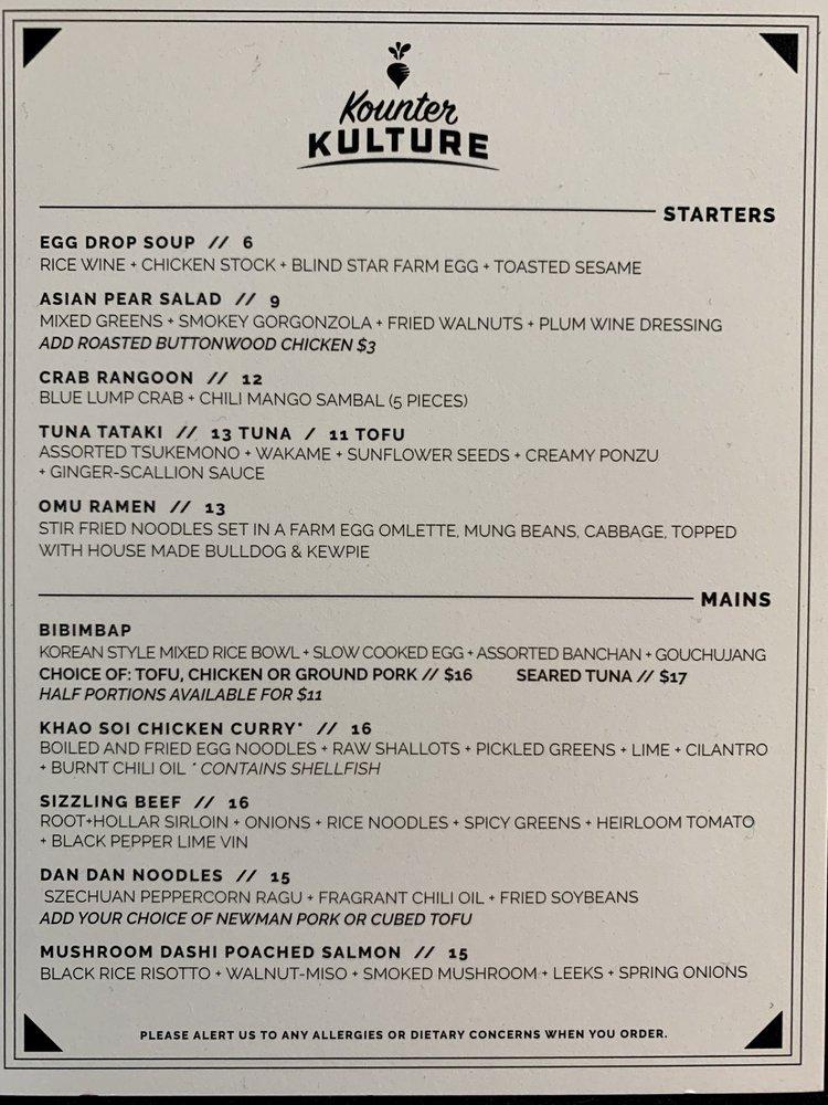 Menu at Kounter Kulture restaurant, St. Louis