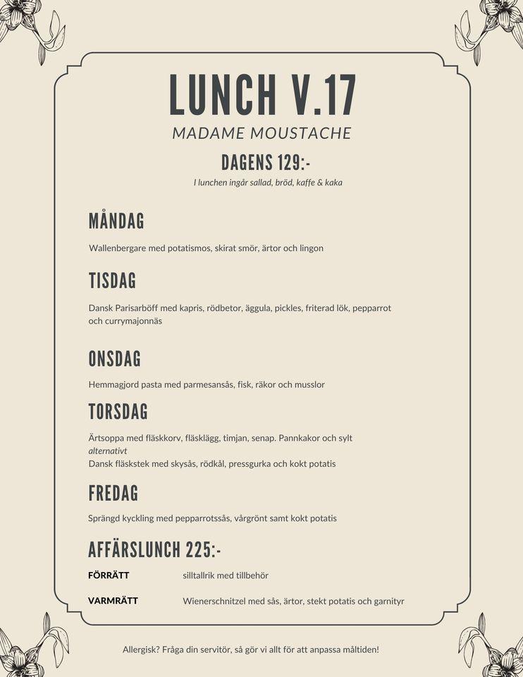 Menu at Madame Mustache restaurant, Helsingborg