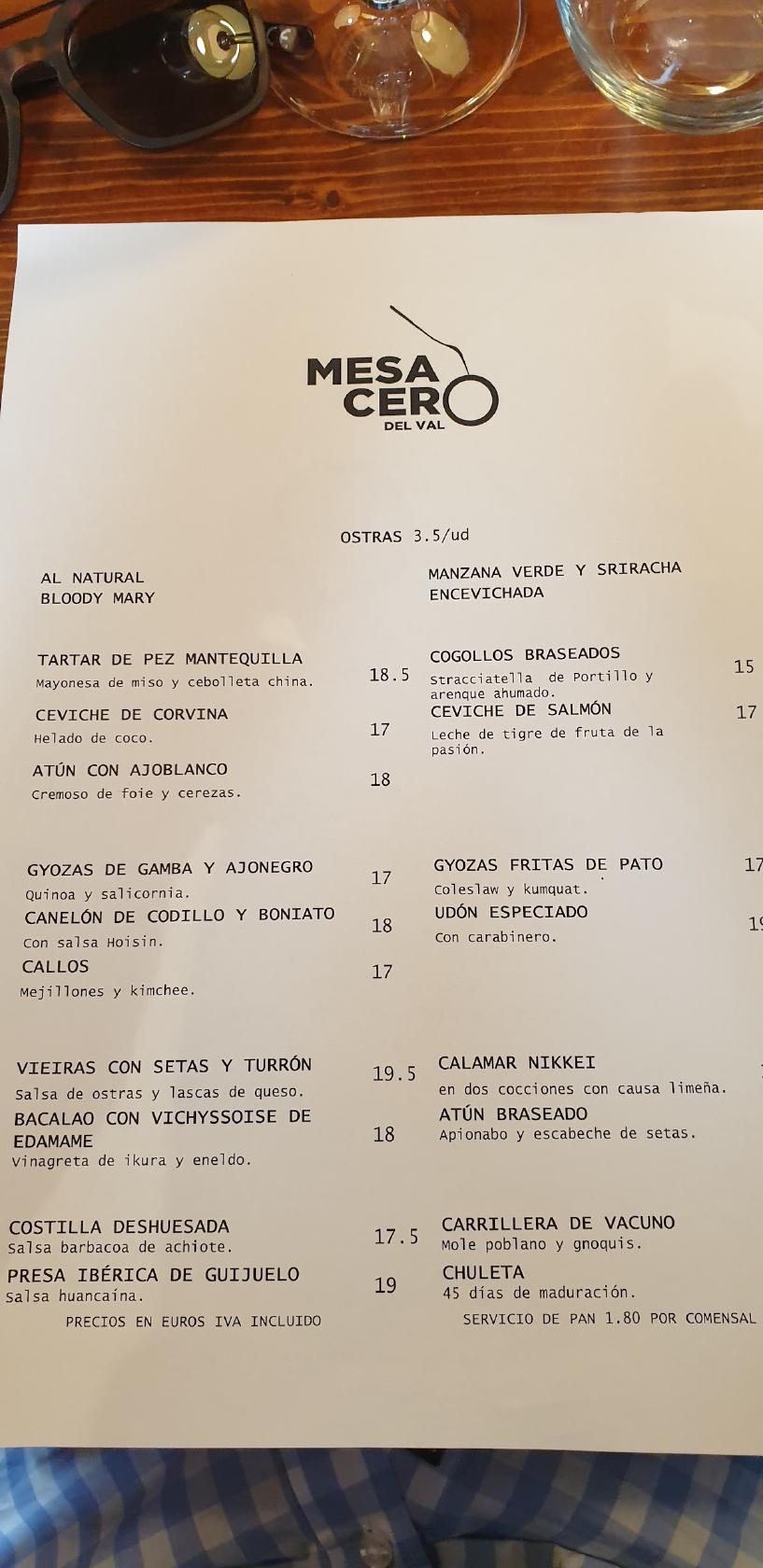 Carta del restaurante Mesa Cero del Val, Valladolid