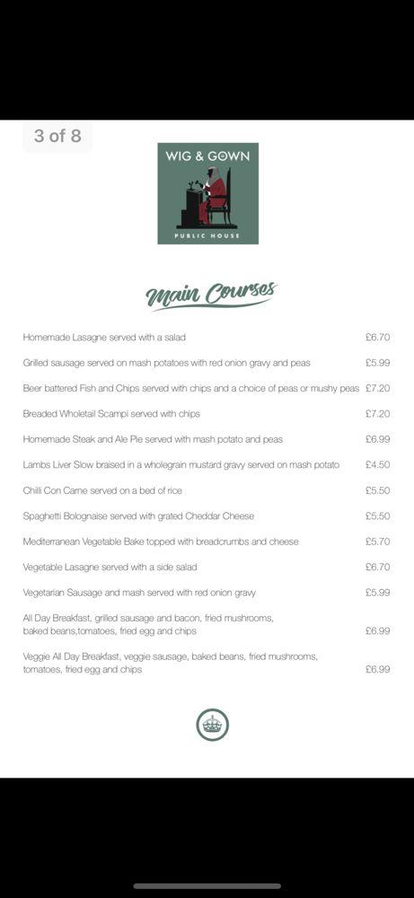Menu at Wig & Gown restaurant, Dartford