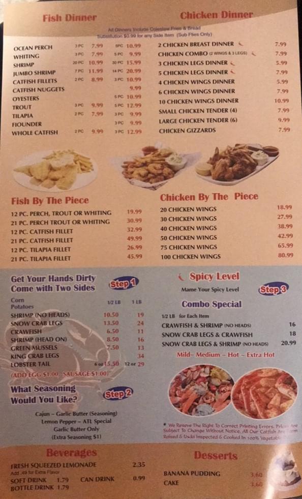 Menu at ATL Chicken and Seafood restaurant, Lanett