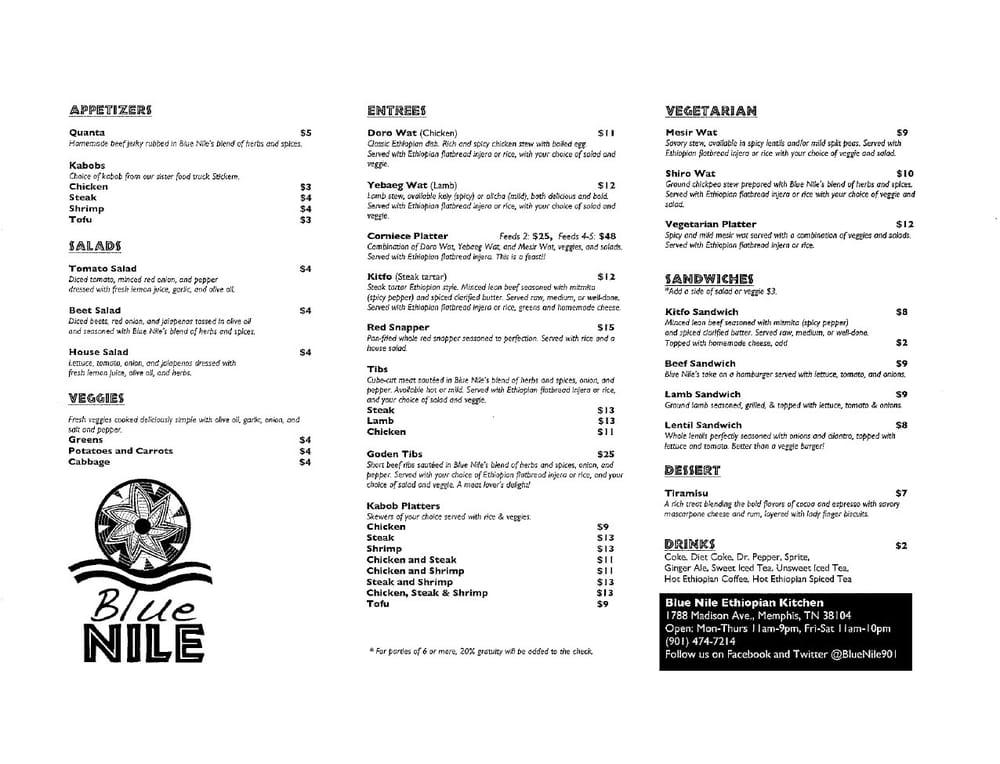 Menu at Blue Nile restaurant, Memphis