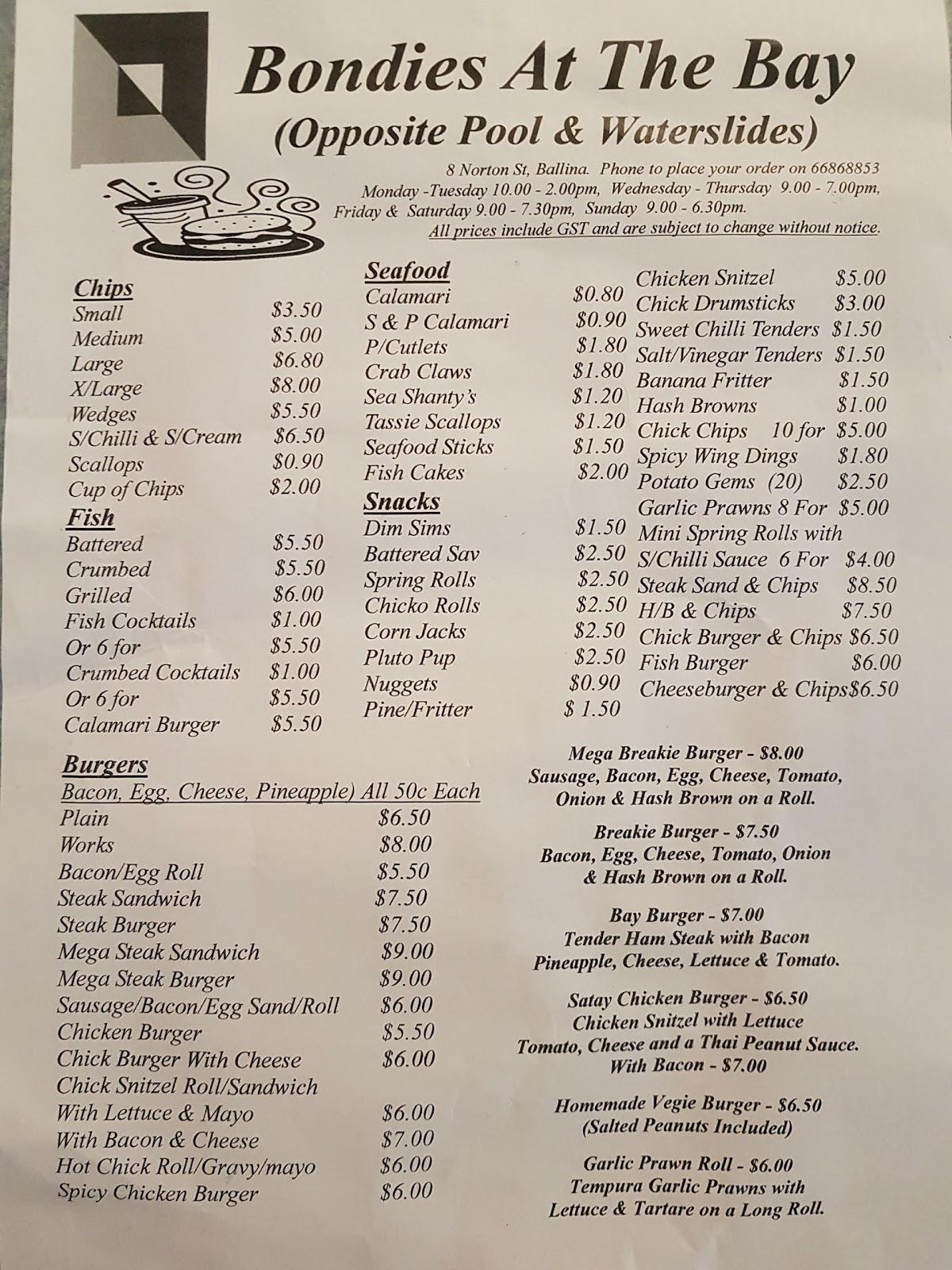 Menu at Bondies at The Bay fast food, Ballina