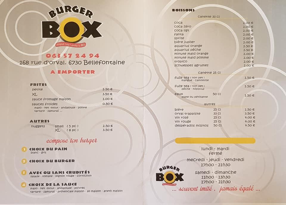Menu at BurgerBox, Tintigny