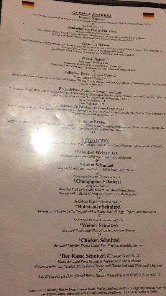 Menu at Hofbrauhaus Restaurant, Helen