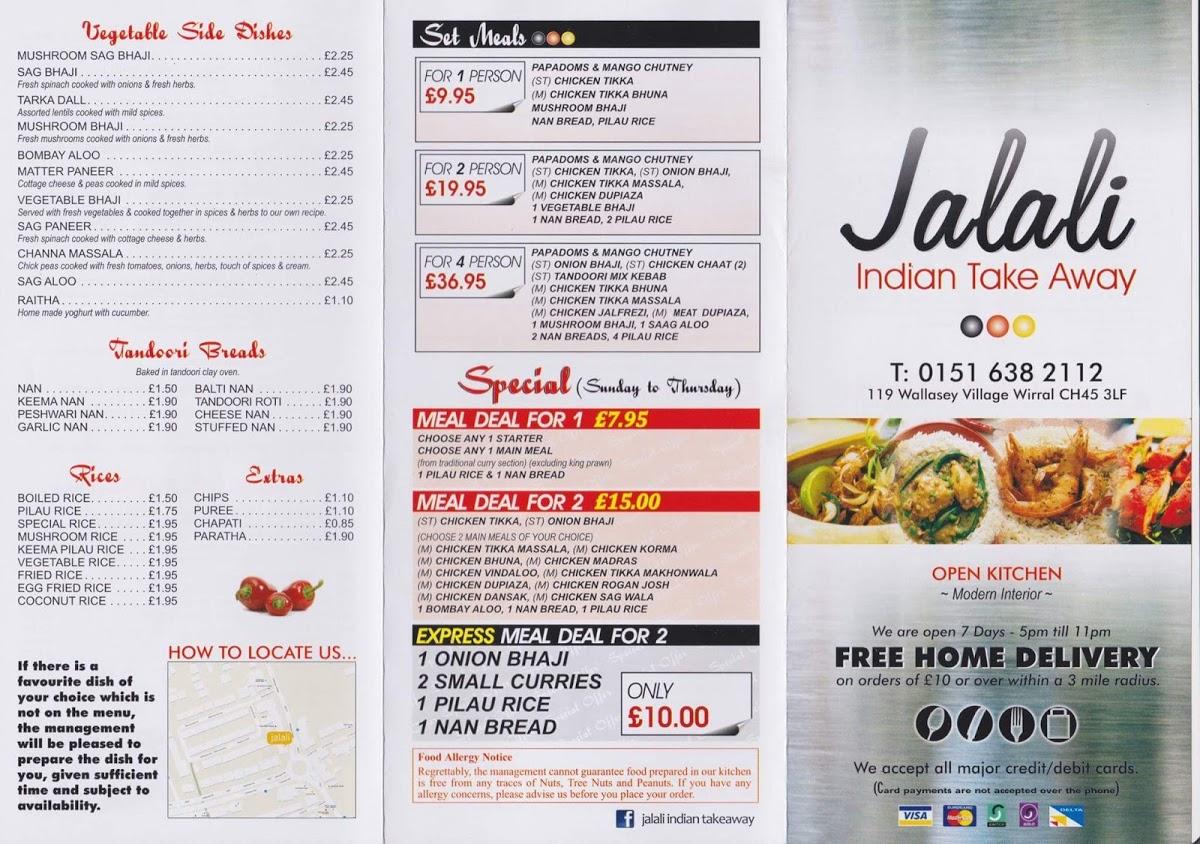 Menu at Jalali Indian fast food, Wallasey