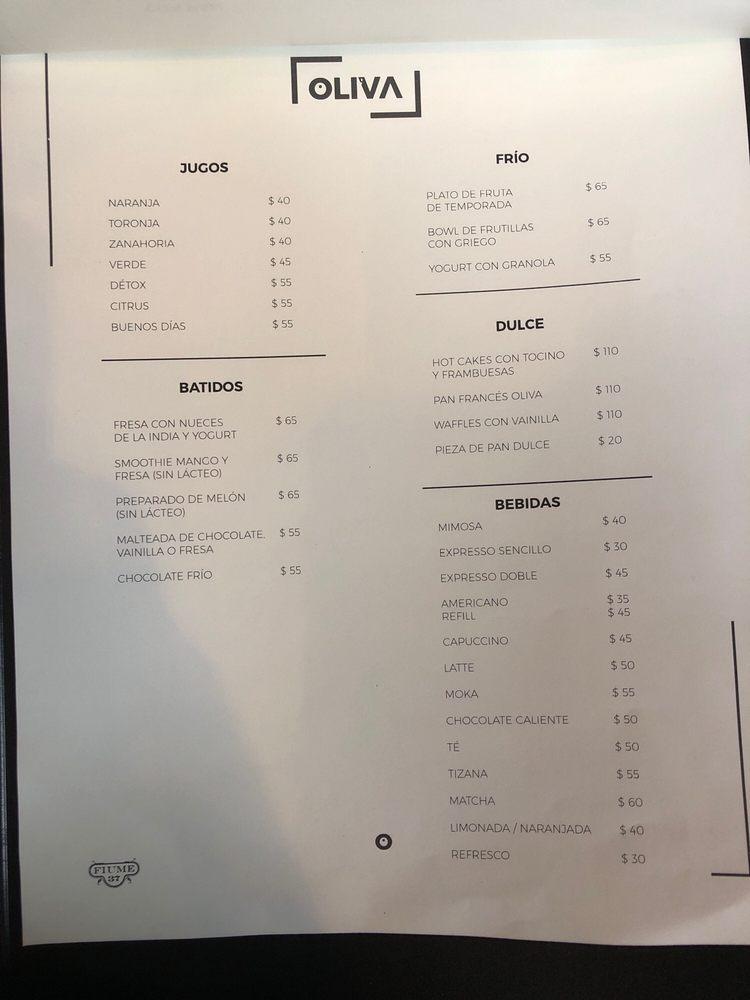 Menu at Oliva restaurant, Santiago de Querétaro